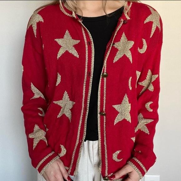 espogee | Sweaters | Vintage Epogee Red Gold Metallic Celestial Button ...